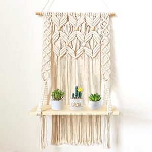 macrame wall shelves hanging shelves,floating shelves boho rustic decor,wood shelves for bedroom,bathroom,living room (wooden beads)