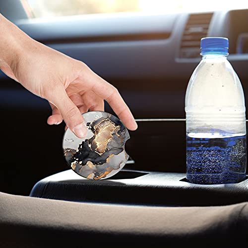 Car Coasters Pack of 2,Absorbent Ceramic Car Coasters,Drink Cup Holder Coastersfor Women Men,with A Finger Notch for Easy Removal Black Gold Marble