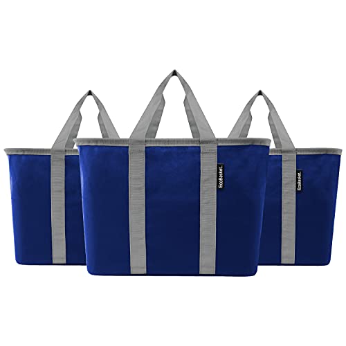 CleverMade EcoBasket 30 Liter Reusable Tote Bag with Reinforced Bottom: Collapsible Grocery Shopping Basket, Blue/Grey, 3 Pack