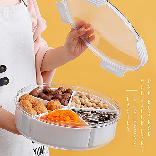 Yuroochii Round Plastic Divided Serving Tray with Lids, Snack fruit tray, 5 Compartment Round Food Storage Lunch Organizer, food storage lunch storage box, vegetarian candy snack party appetizer tray