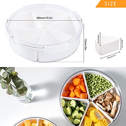 Yuroochii Round Plastic Divided Serving Tray with Lids, Snack fruit tray, 5 Compartment Round Food Storage Lunch Organizer, food storage lunch storage box, vegetarian candy snack party appetizer tray