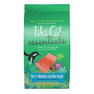 tiki cat essentials high protein, complete and balanced dry food for cats and kittens, trout and menhaden fish meal recipe 6 lbs.