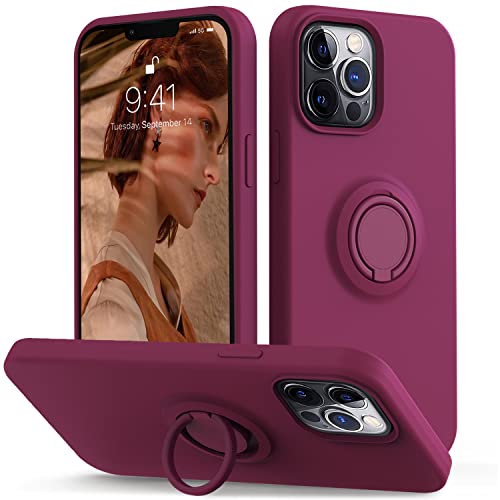 Vooii Compatible with iPhone 13 Pro Max Case 6.7 inch, Silicone Ultra Slim Shockproof Protective Phone Case with [Ring Kickstand] [Soft Anti-Scratch Microfiber Lining], WineRed