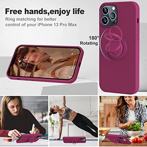 Vooii Compatible with iPhone 13 Pro Max Case 6.7 inch, Silicone Ultra Slim Shockproof Protective Phone Case with [Ring Kickstand] [Soft Anti-Scratch Microfiber Lining], WineRed