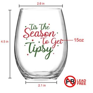 Tis the Season to Get Tipsy Christmas Stemless Wine Glass, Set of 2 Christmas Wine Glasses Funny Christmas Holiday Wedding Gifts for Women Friends Men family Wino, 15 Oz