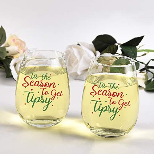 Tis the Season to Get Tipsy Christmas Stemless Wine Glass, Set of 2 Christmas Wine Glasses Funny Christmas Holiday Wedding Gifts for Women Friends Men family Wino, 15 Oz