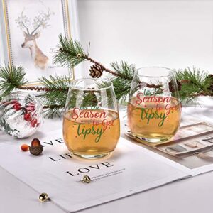 Tis the Season to Get Tipsy Christmas Stemless Wine Glass, Set of 2 Christmas Wine Glasses Funny Christmas Holiday Wedding Gifts for Women Friends Men family Wino, 15 Oz