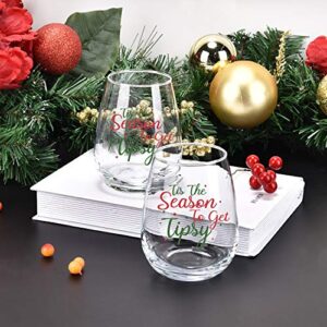 Tis the Season to Get Tipsy Christmas Stemless Wine Glass, Set of 2 Christmas Wine Glasses Funny Christmas Holiday Wedding Gifts for Women Friends Men family Wino, 15 Oz