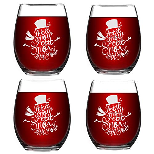 Let It Snow Christmas Wine Glass, Set of 4 Novelty Snowman Stemless Wine Glasses, Funny Christmas Gift for Friends Family Women Men, Party Decoration Christmas New Year Party Daily Use, 15 Oz