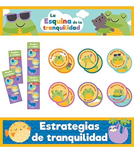 Carson Dellosa Estrategias de tranquilidad/Calming Strategies Instructional Set—2-Sided Banner, Calming Strategy Reminders, and Bookmarks for Social Emotional Learning, Spanish Edition (69 pc)