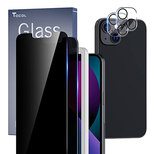 TOCOL [2+2 Pack Compatible with iPhone 13 Mini 5.4'' - 2 Pack Privacy Tempered Glass Screen Protector & 2 Pack Camera Lens Protector, Bubble Free, Case Friendly, Installation Frame, [Anti-Spy]