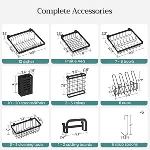 SONGMICS Over The Sink Dish Drying Rack with Adjustable Length (34-39.4 Inches), 2 Tier Kitchen Sink Rack, Space Saving Dish Drainer Organizer for Countertop, Black UKCS023B01