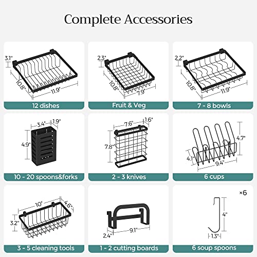 SONGMICS Over The Sink Dish Drying Rack with Adjustable Length (34-39.4 Inches), 2 Tier Kitchen Sink Rack, Space Saving Dish Drainer Organizer for Countertop, Black UKCS023B01