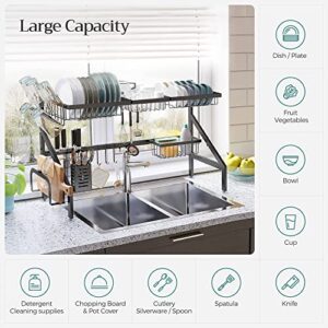 SONGMICS Over The Sink Dish Drying Rack with Adjustable Length (34-39.4 Inches), 2 Tier Kitchen Sink Rack, Space Saving Dish Drainer Organizer for Countertop, Black UKCS023B01