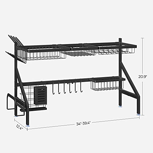 SONGMICS Over The Sink Dish Drying Rack with Adjustable Length (34-39.4 Inches), 2 Tier Kitchen Sink Rack, Space Saving Dish Drainer Organizer for Countertop, Black UKCS023B01