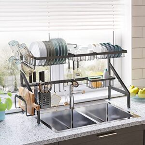 SONGMICS Over The Sink Dish Drying Rack with Adjustable Length (34-39.4 Inches), 2 Tier Kitchen Sink Rack, Space Saving Dish Drainer Organizer for Countertop, Black UKCS023B01