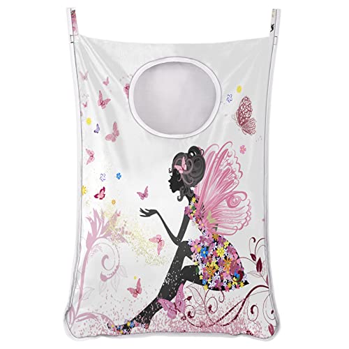 Pretty Girl Hanging Laundry Hamper Bag, Hanging Laundry Bag and Space Saving Clothes Hamper with Hooks, Beautiful Girl Wall Hanging Laundry Basket for Dirty Laundry, Large Size 30x20Inch