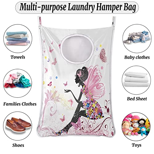 Pretty Girl Hanging Laundry Hamper Bag, Hanging Laundry Bag and Space Saving Clothes Hamper with Hooks, Beautiful Girl Wall Hanging Laundry Basket for Dirty Laundry, Large Size 30x20Inch