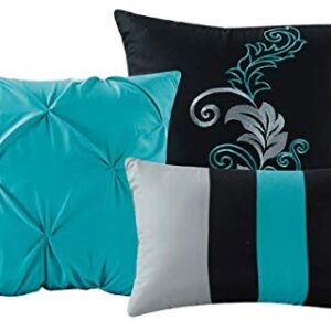 Chezmoi Collection Napa 7-Piece Luxury Leaves Scroll Embroidery Bedding Comforter Set (Queen, Teal Blue/Gray/Black)