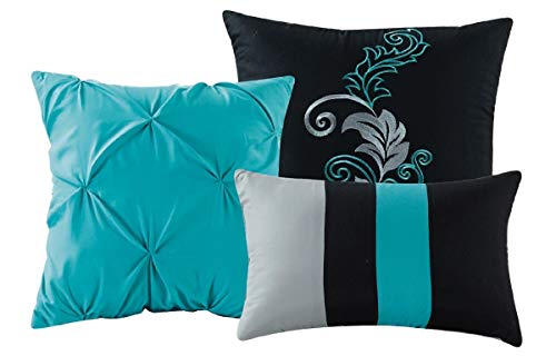 Chezmoi Collection Napa 7-Piece Luxury Leaves Scroll Embroidery Bedding Comforter Set (Queen, Teal Blue/Gray/Black)