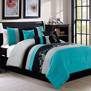 Chezmoi Collection Napa 7-Piece Luxury Leaves Scroll Embroidery Bedding Comforter Set (Queen, Teal Blue/Gray/Black)