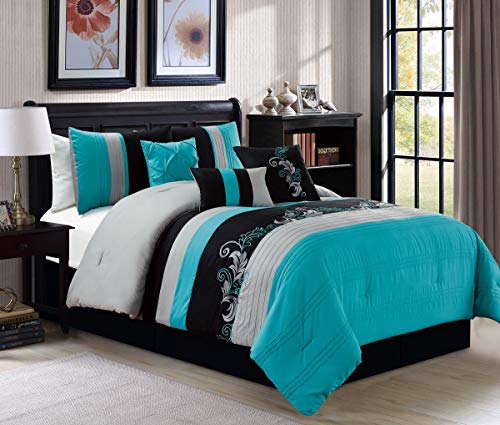 Chezmoi Collection Napa 7-Piece Luxury Leaves Scroll Embroidery Bedding Comforter Set (Queen, Teal Blue/Gray/Black)