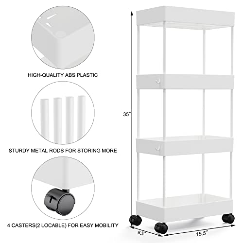 Cucn Slim Storage Cart, 4 Tier Bathroom Storage Cart with Wheels Slide Out Storage Cart Bathroom Cart Organizer Slim Rolling Storage Cart in Narrow Space Between Washer and Dryer, White