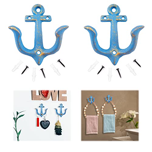 2 Pcs Rustic Nautical Anchor Design Wall Hooks with Screws Expansion Tube, Rustic Cast Iron Wall Mounted Hangers, Vintage Coat Rack Bathroom Towel Hook/Key Holder/Kitchen & Home Storage Hooks(Blue)