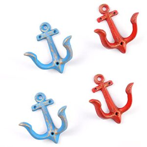 2 Pcs Rustic Nautical Anchor Design Wall Hooks with Screws Expansion Tube, Rustic Cast Iron Wall Mounted Hangers, Vintage Coat Rack Bathroom Towel Hook/Key Holder/Kitchen & Home Storage Hooks(Blue)