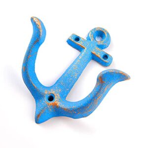 2 Pcs Rustic Nautical Anchor Design Wall Hooks with Screws Expansion Tube, Rustic Cast Iron Wall Mounted Hangers, Vintage Coat Rack Bathroom Towel Hook/Key Holder/Kitchen & Home Storage Hooks(Blue)