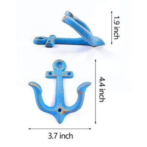 2 Pcs Rustic Nautical Anchor Design Wall Hooks with Screws Expansion Tube, Rustic Cast Iron Wall Mounted Hangers, Vintage Coat Rack Bathroom Towel Hook/Key Holder/Kitchen & Home Storage Hooks(Blue)