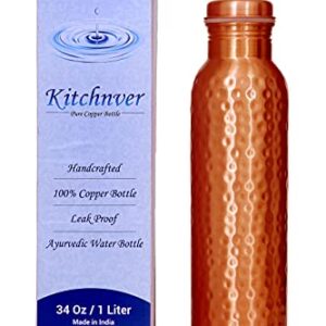 Kitchnver 100percentage Handcrafted Floral Engrave Pure Copper Water Bottle 34 Oz 1 Liter Extra Large Leak Proof Vessel Pot Etched