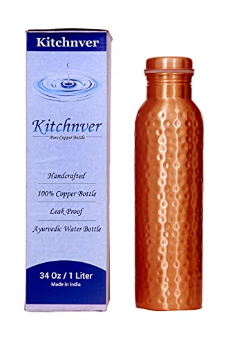 Kitchnver 100percentage Handcrafted Floral Engrave Pure Copper Water Bottle 34 Oz 1 Liter Extra Large Leak Proof Vessel Pot Etched