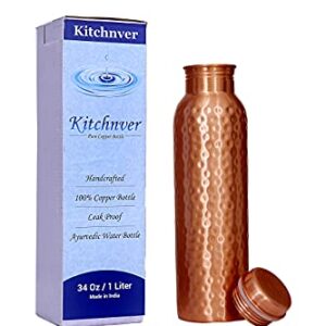 Kitchnver 100percentage Handcrafted Floral Engrave Pure Copper Water Bottle 34 Oz 1 Liter Extra Large Leak Proof Vessel Pot Etched