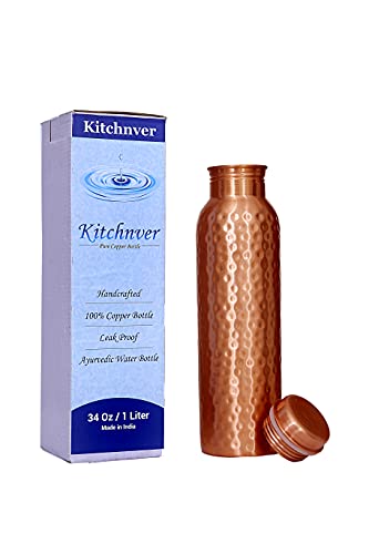 Kitchnver 100percentage Handcrafted Floral Engrave Pure Copper Water Bottle 34 Oz 1 Liter Extra Large Leak Proof Vessel Pot Etched