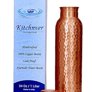 Kitchnver 100percentage Handcrafted Floral Engrave Pure Copper Water Bottle 34 Oz 1 Liter Extra Large Leak Proof Vessel Pot Etched