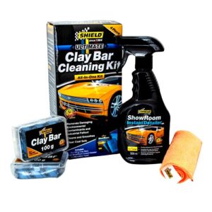 shield ultimate clay bar all-in-one car cleaning kit, auto detailing, car cleansing bar for cleaning cars, includes 2 clay bars (100g), showroom instant detailer (500ml), and microfibre towel