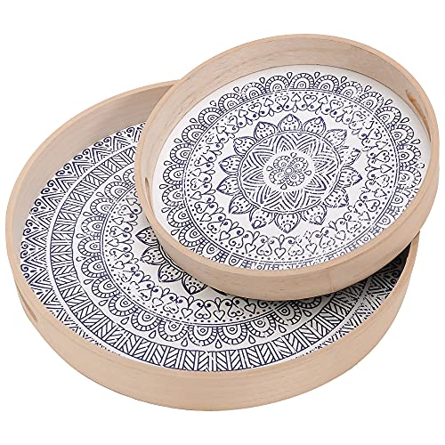 Round Wooden Tray Set with Handles Blue/White - Beautiful Mandala Trays by Camelot Design - Set of 2 Decorative Round Serving Trays