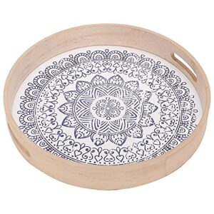 Round Wooden Tray Set with Handles Blue/White - Beautiful Mandala Trays by Camelot Design - Set of 2 Decorative Round Serving Trays