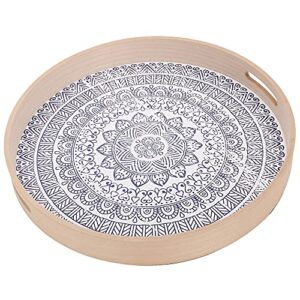 Round Wooden Tray Set with Handles Blue/White - Beautiful Mandala Trays by Camelot Design - Set of 2 Decorative Round Serving Trays