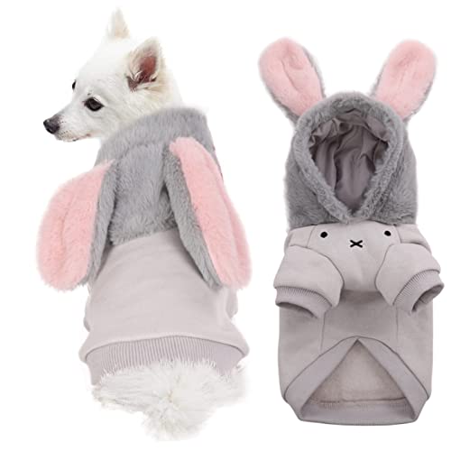 ROZKITCH Plush Dog Hoodie for Small Medium Dog Boy Girl, Carton Rabbit Bunny Style Soft Pet Costume Sweater Coat for Spring/Autumn/Winter Cold Weather Puppy Halloween Christmas Outfit with Leash Hole