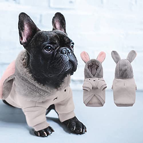 ROZKITCH Plush Dog Hoodie for Small Medium Dog Boy Girl, Carton Rabbit Bunny Style Soft Pet Costume Sweater Coat for Spring/Autumn/Winter Cold Weather Puppy Halloween Christmas Outfit with Leash Hole