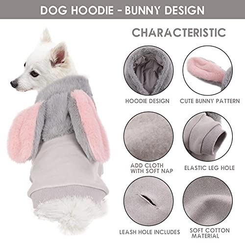 ROZKITCH Plush Dog Hoodie for Small Medium Dog Boy Girl, Carton Rabbit Bunny Style Soft Pet Costume Sweater Coat for Spring/Autumn/Winter Cold Weather Puppy Halloween Christmas Outfit with Leash Hole