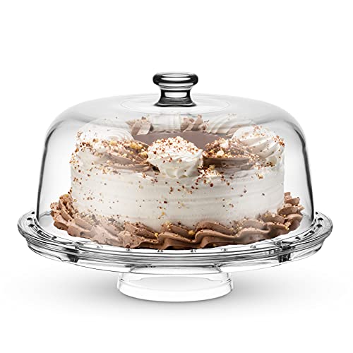 Godinger Cake Stand and Serving Plate Platter with Dome Lid, 6 in 1 Multi-Purpose Use, Italian Made Crystal Glass Footed Cake Stand, Salad Bowl, Cake Plate, Fruit Platter