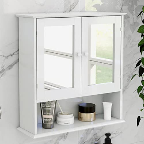 Bathroom Medicine Cabinet Wall Mounted with Double Mirror Doors, Wooden Hanging Bathroom Cabinet with Doors and Shelves, Bathroom Wall Mirror Cabinet, Multipurpose Wall Mounted Storage Cabinet, White