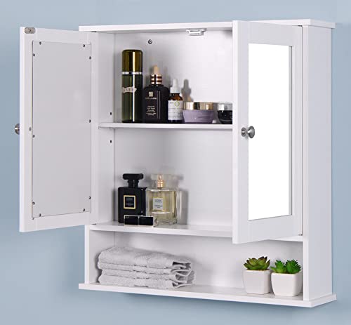 Bathroom Medicine Cabinet Wall Mounted with Double Mirror Doors, Wooden Hanging Bathroom Cabinet with Doors and Shelves, Bathroom Wall Mirror Cabinet, Multipurpose Wall Mounted Storage Cabinet, White