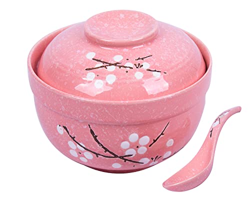 LLDAYU Japanese Creative Hand-Painted Ceramic Bowls with Soup Spoon, Large 27.5 OZ ramen bowls/Soup bowls,with Heat Preservation Function, and Suitable for Microwave Oven, and Dishwasher- pink