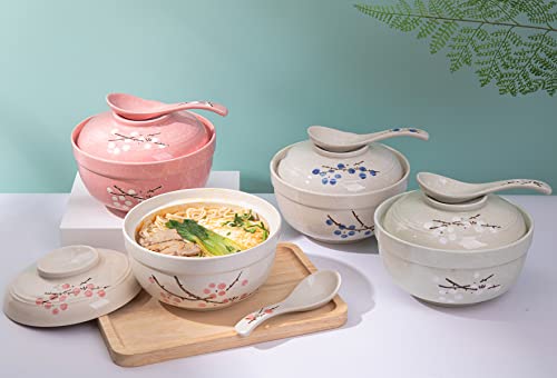 LLDAYU Japanese Creative Hand-Painted Ceramic Bowls with Soup Spoon, Large 27.5 OZ ramen bowls/Soup bowls,with Heat Preservation Function, and Suitable for Microwave Oven, and Dishwasher- pink