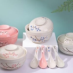 LLDAYU Japanese Creative Hand-Painted Ceramic Bowls with Soup Spoon, Large 27.5 OZ ramen bowls/Soup bowls,with Heat Preservation Function, and Suitable for Microwave Oven, and Dishwasher- pink