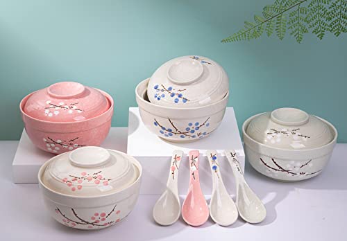 LLDAYU Japanese Creative Hand-Painted Ceramic Bowls with Soup Spoon, Large 27.5 OZ ramen bowls/Soup bowls,with Heat Preservation Function, and Suitable for Microwave Oven, and Dishwasher- pink